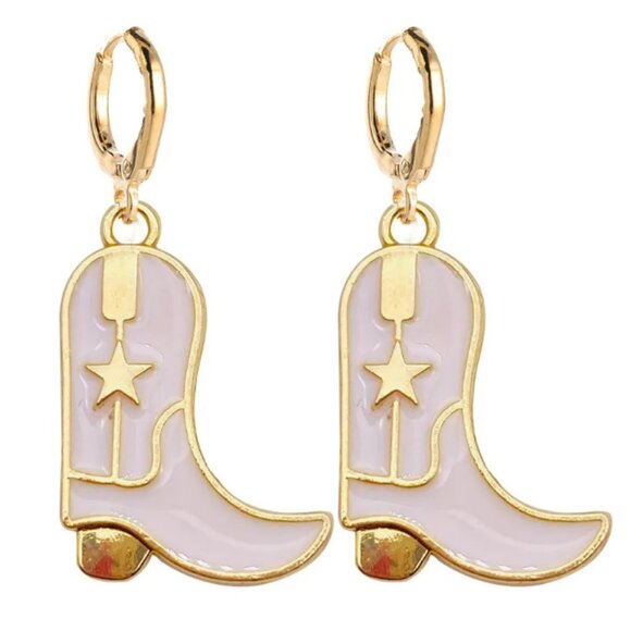Boutique | Jewelry | Gold White Enamel Cowgirl Cowboy Boots Charm Hoop ...